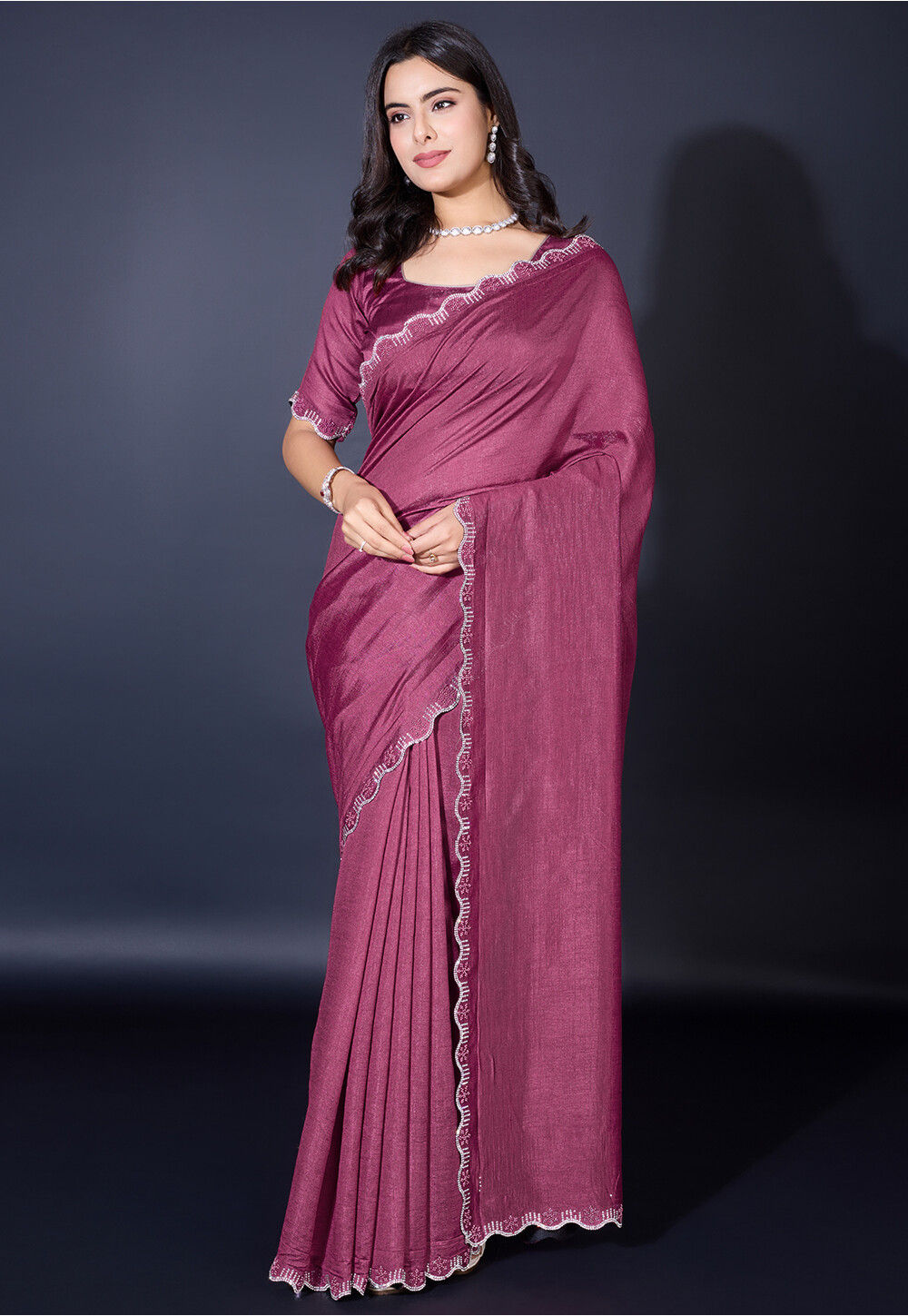 Buy Embellished Border Art Silk Scalloped Saree in Pink Online ...