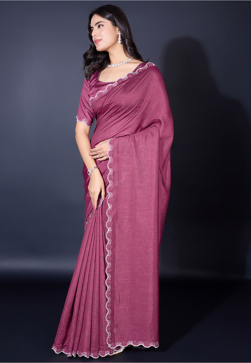Buy Embellished Border Art Silk Scalloped Saree in Pink Online ...