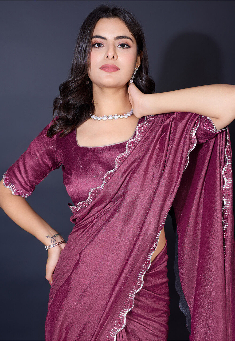 Buy Embellished Border Art Silk Scalloped Saree in Pink Online ...