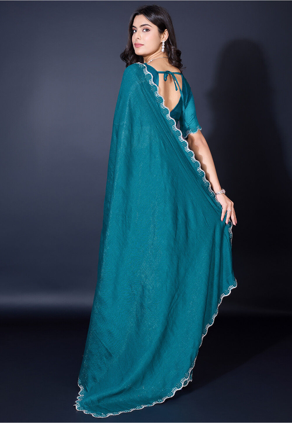 Buy Embellished Border Art Silk Scalloped Saree in Teal Blue Online ...