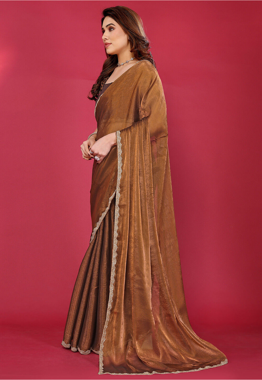 Buy Embellished Border Chinon Chiffon Saree in Browne Online ...