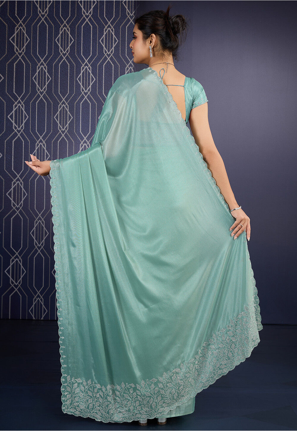Buy Embellished Border Georgette Silk Scalloped Saree in Sea Green ...