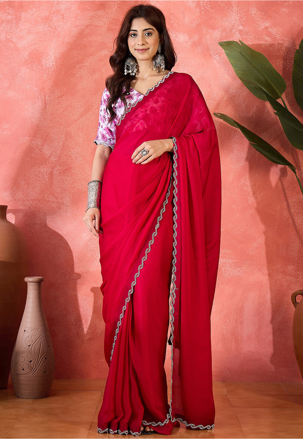 Buy Embellished Border Satin Chiffon Saree in Fuchsia Online : SSKT1070 ...