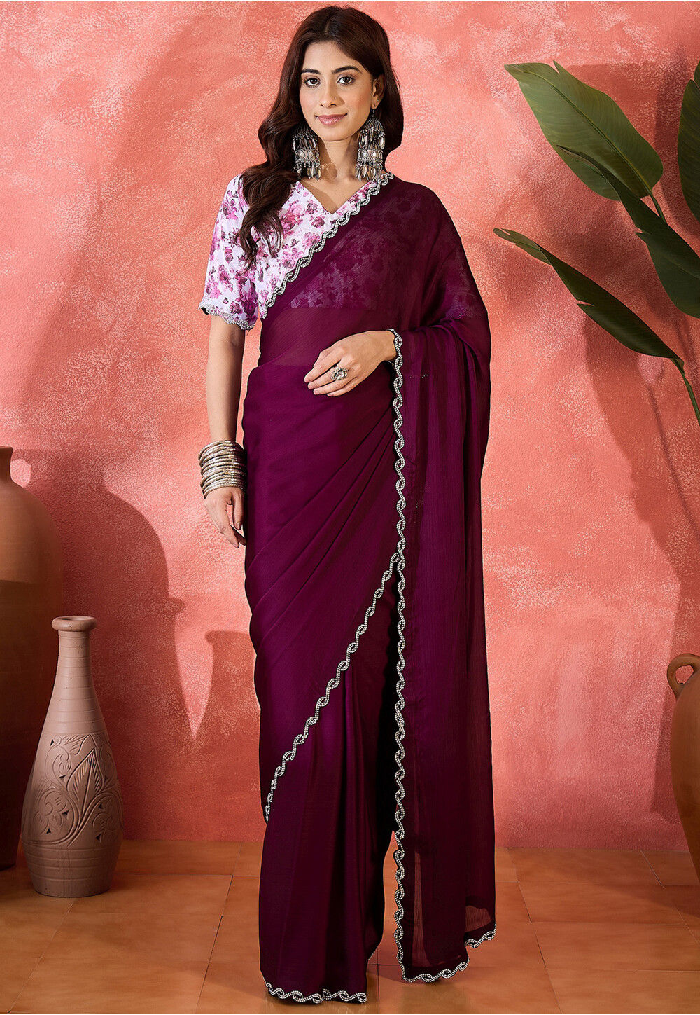 Buy Embellished Border Satin Chiffon Saree in Wine Online : SSKT1069 ...
