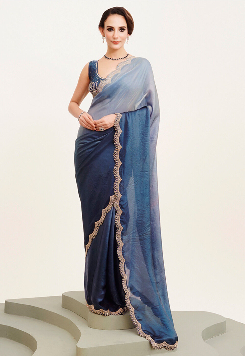 Buy Embellished Border Satin Scalloped Saree in Blue Ombre Online ...