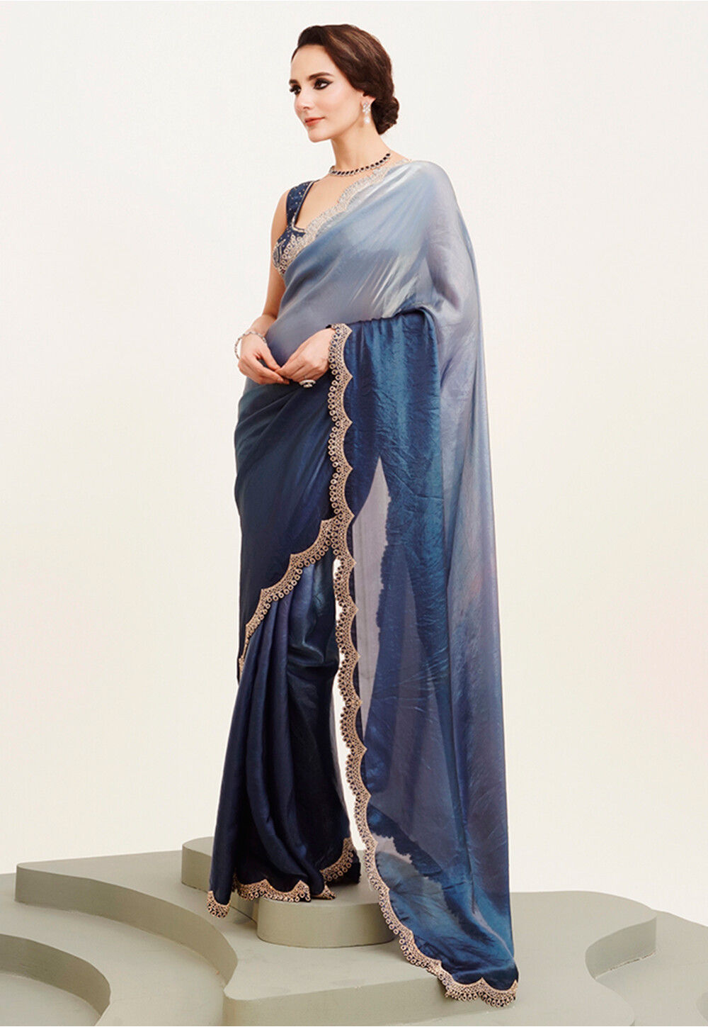 Buy Embellished Border Satin Scalloped Saree in Blue Ombre Online ...