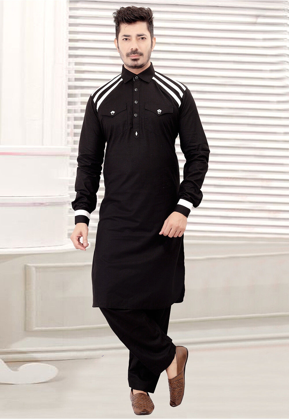 Buy Embellished Cotton Pathani Suit in Black Online : MGT740 - Utsav ...