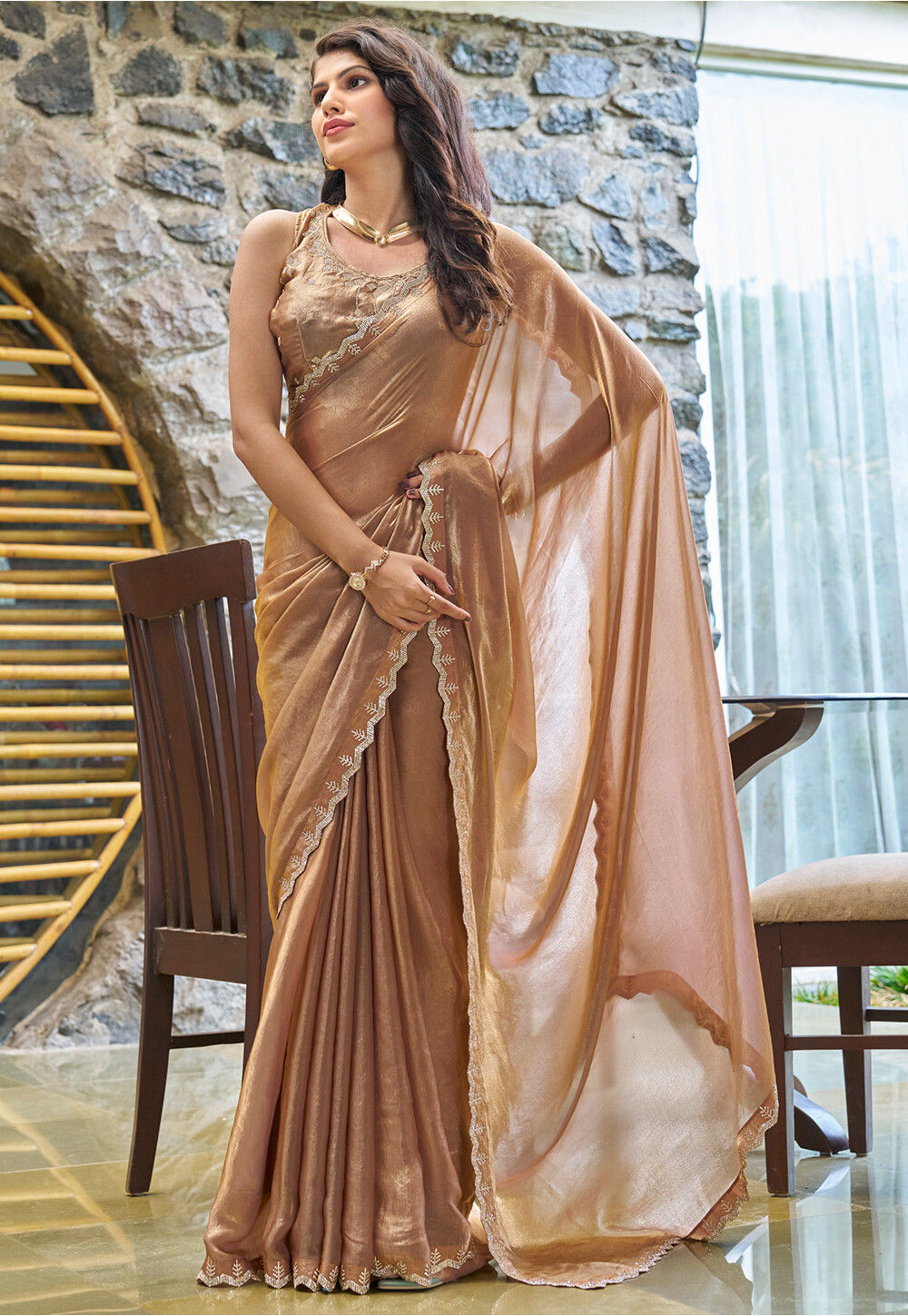 Buy Embellished Georgette Shimmer Saree in Beige Online : SCBA5793 ...