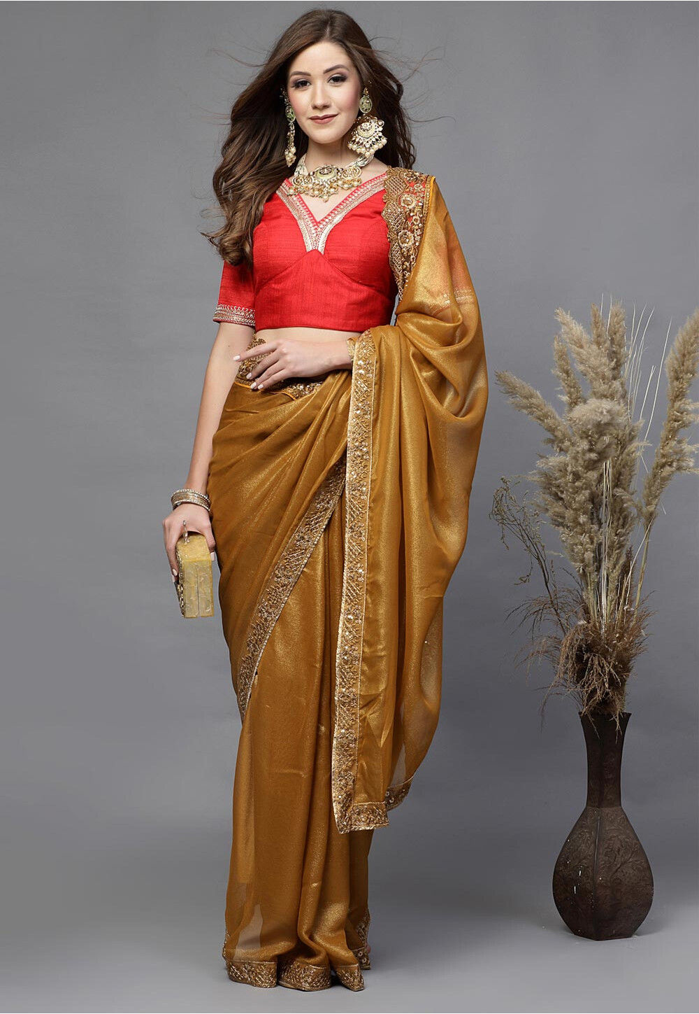 Buy Embellished Neckline Art Silk Back Cut Out Blouse in Red Online ...