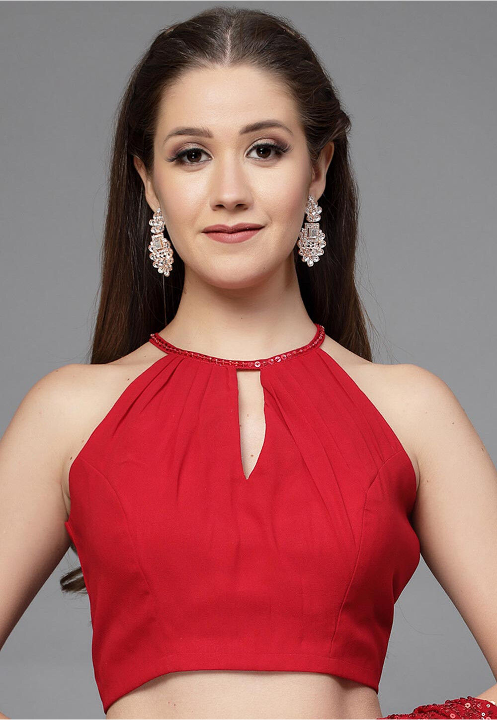 Buy Embellished Neckline Georgette Back Cut Out Blouse in Red Online ...