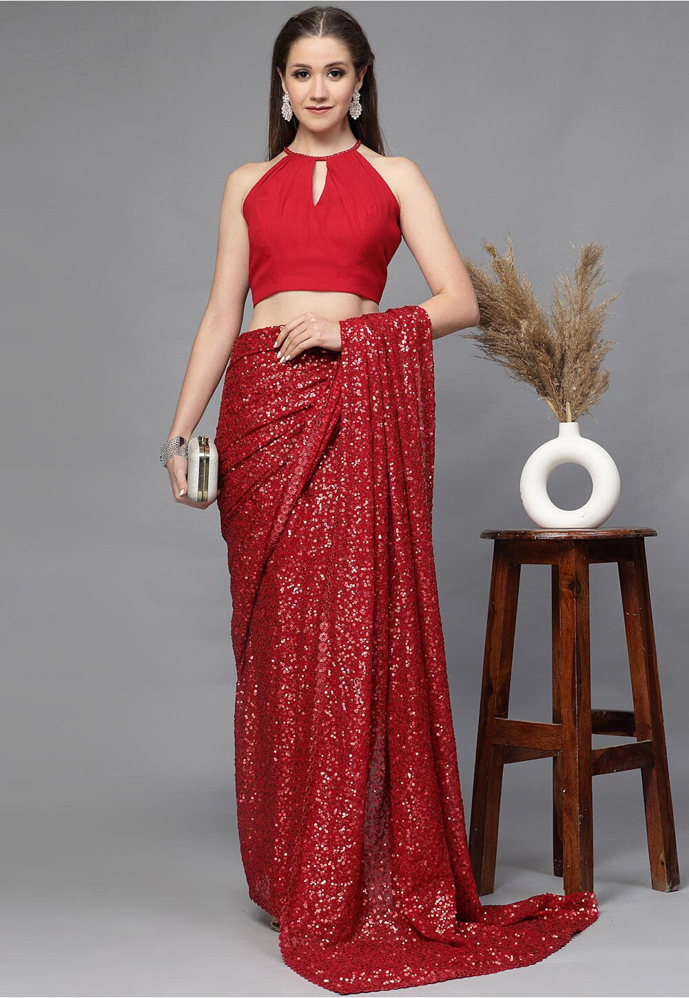 Buy Embellished Neckline Georgette Back Cut Out Blouse in Red Online ...
