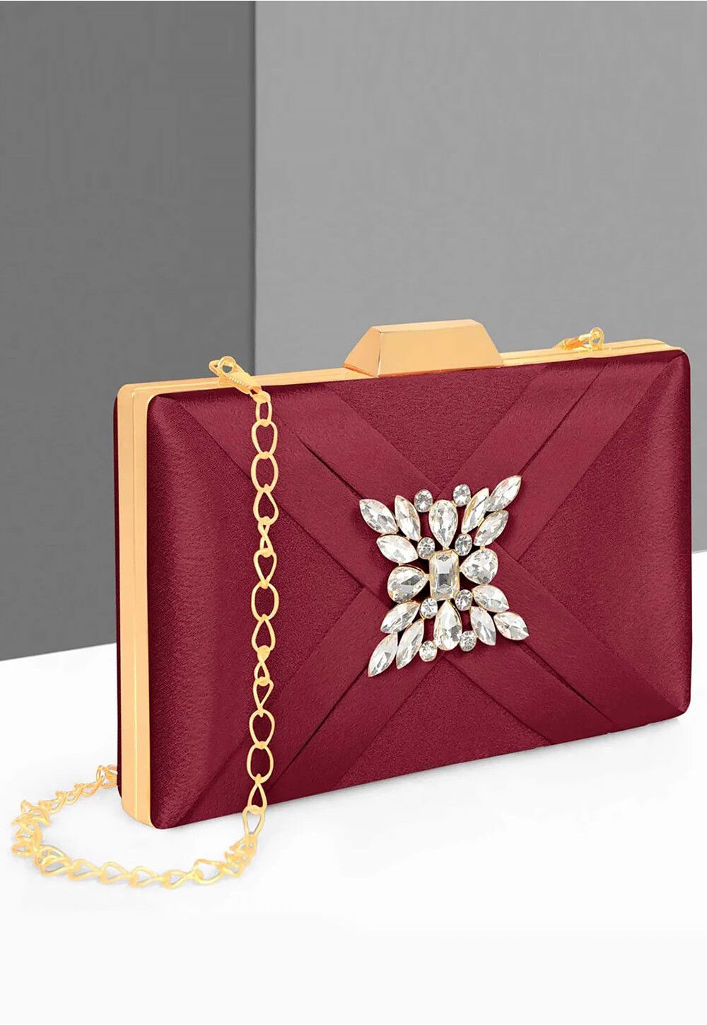 Buy Embellished Satin Rectangular Clutch with Detachable Chain Strap in ...