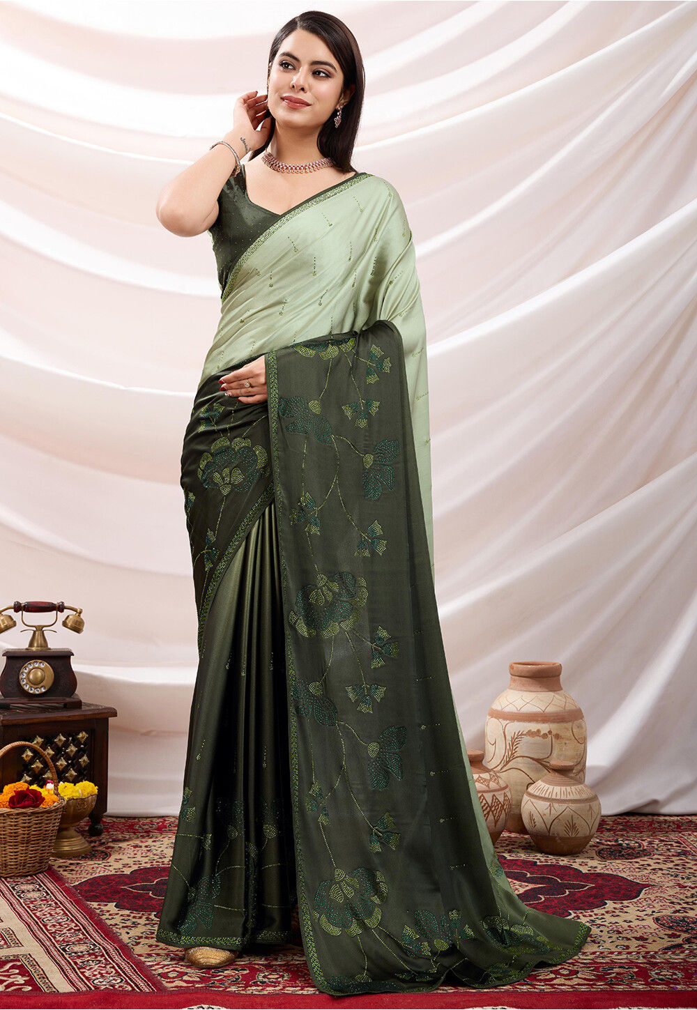 Buy Embellished Satin Saree in Shaded Olive Green Online : SPCA2018 ...