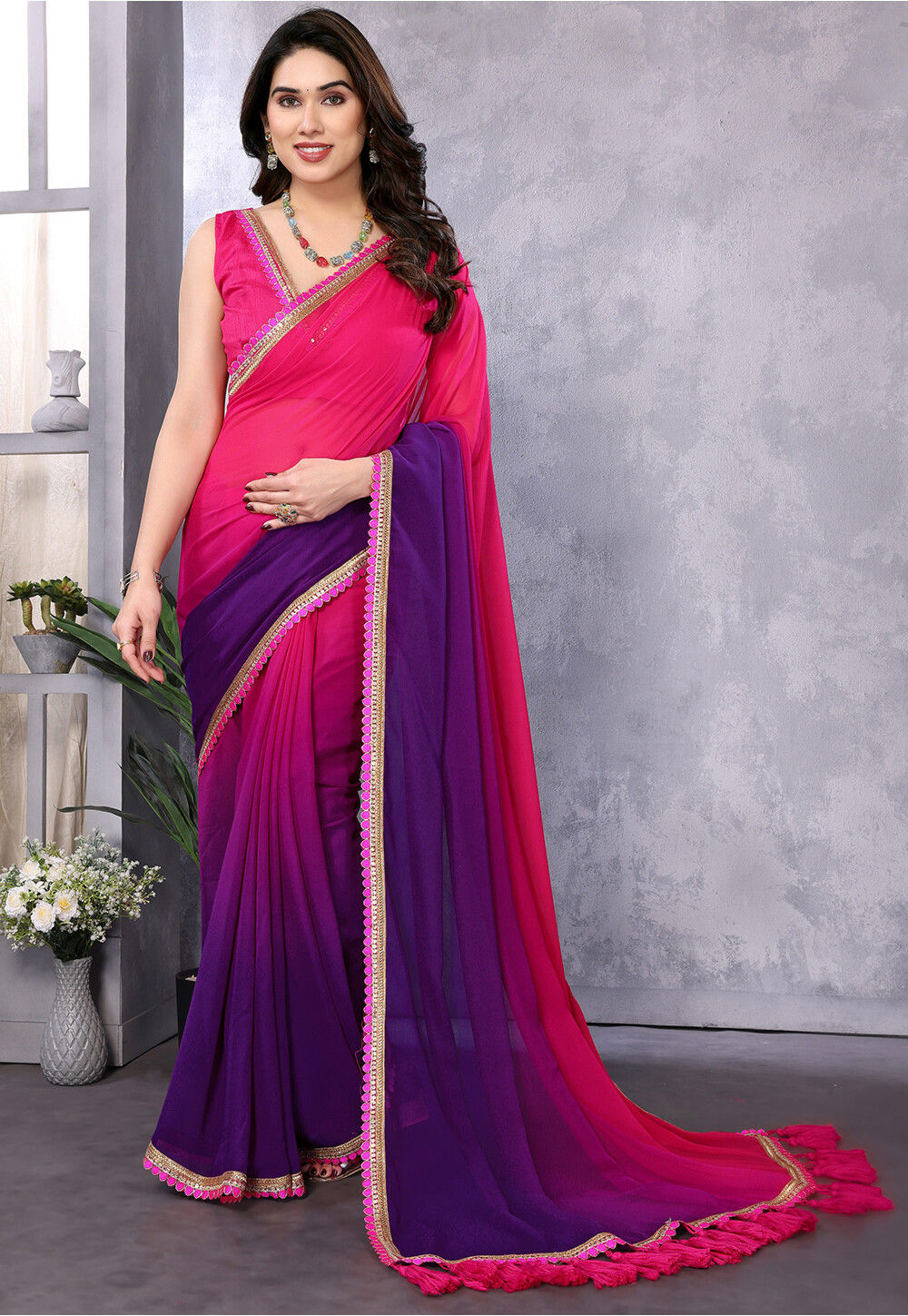 Buy Embellished Trim Georgette Saree in Shaded Pink and Purple Online ...