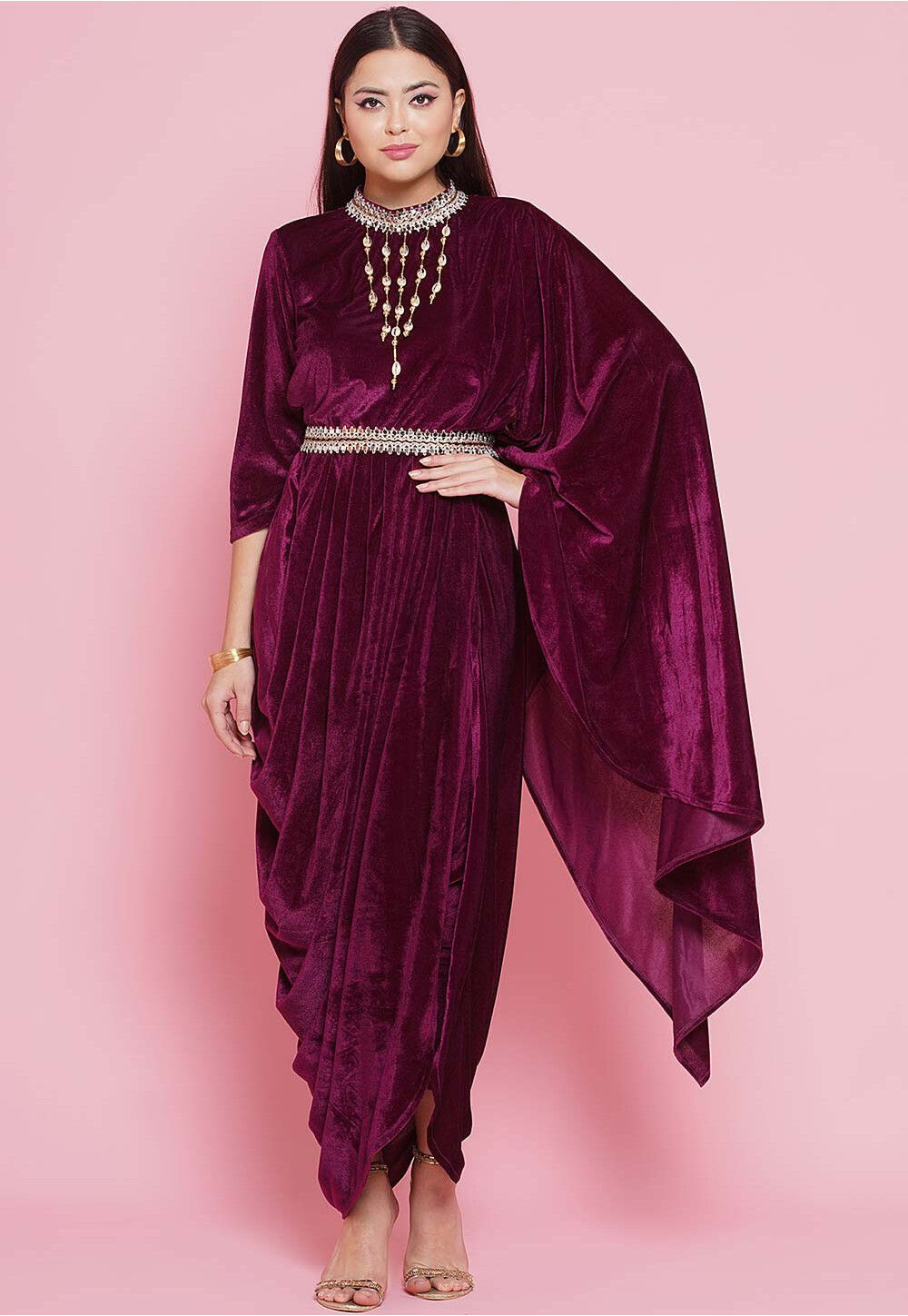 Buy Embellished Velvet Cowl Style Tunic Set in Magenta Online : TUZ194 ...