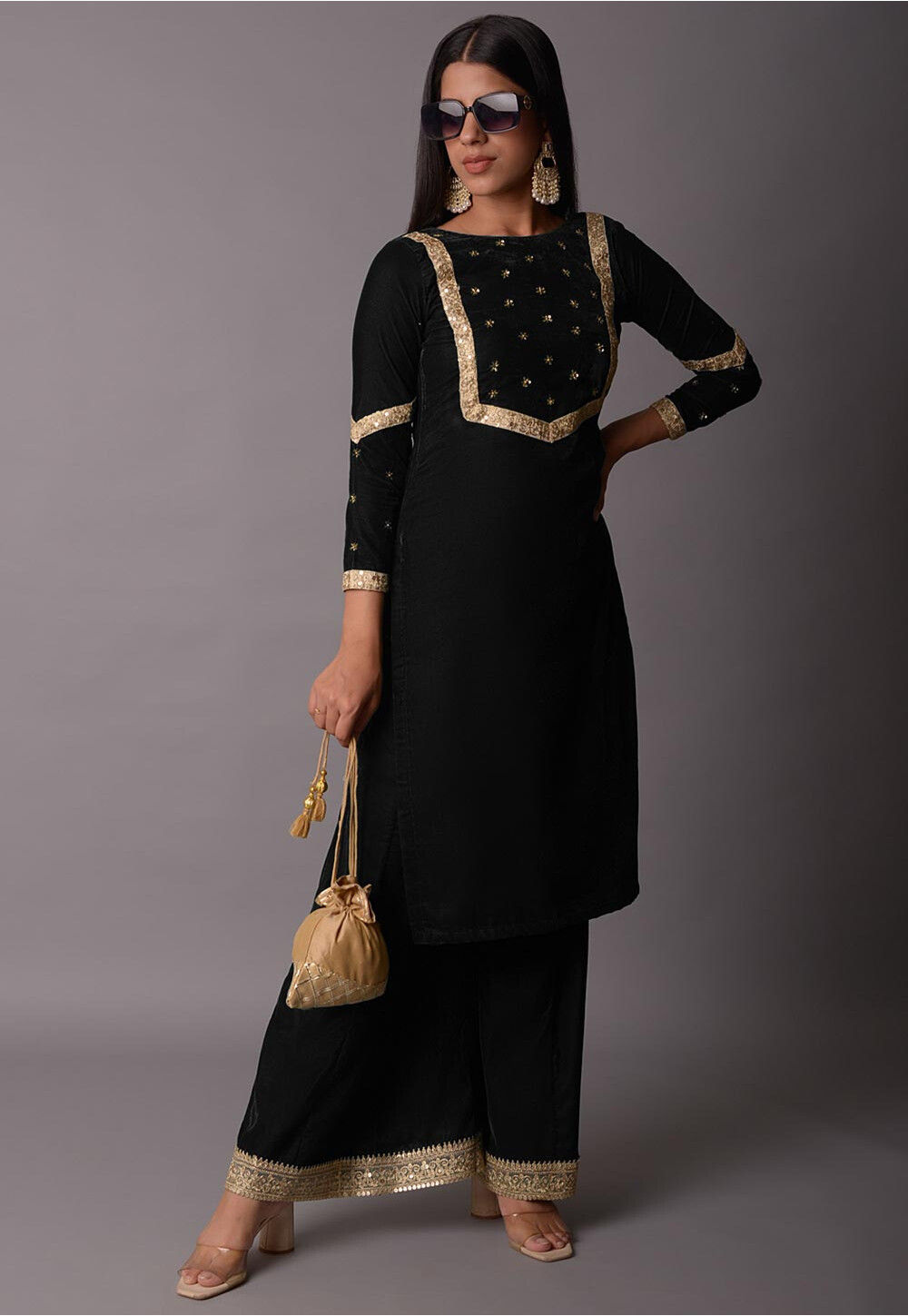 Buy Embellished Velvet Straight Kurta Set in Black Online : TBN141 ...