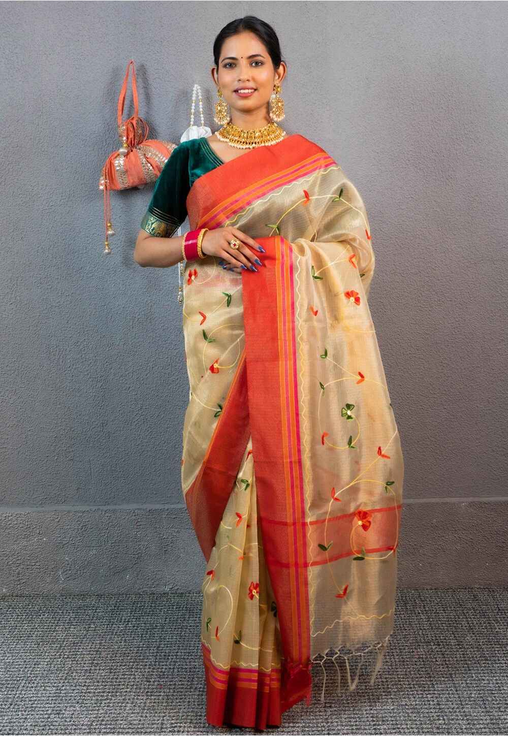 Buy Embroidered Art Kota Tissue Saree in Beige Online : SJN7631 - Utsav ...