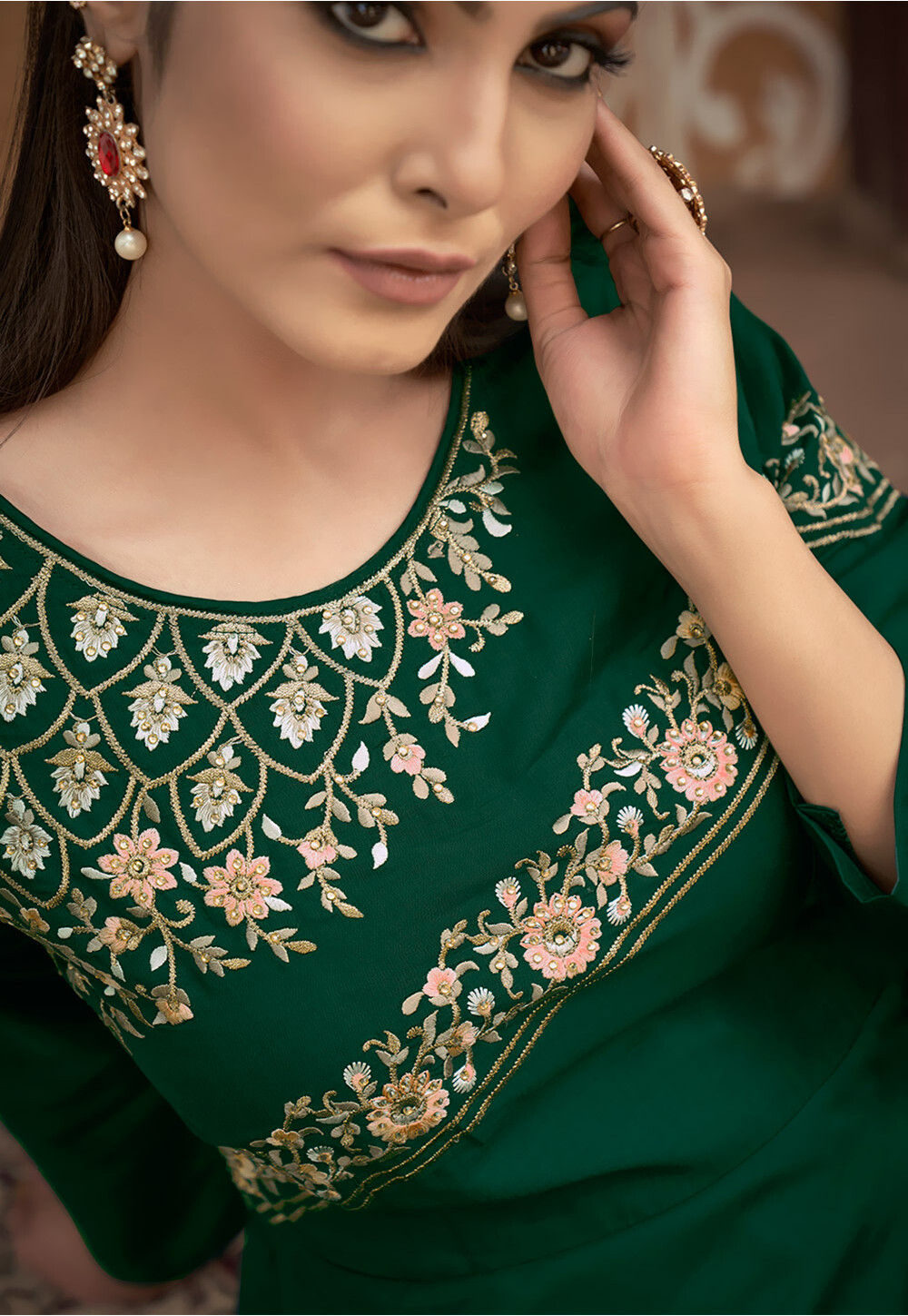 Buy Embroidered Art Muslin Silk Flared Gown in Green Online : TPA2846 ...