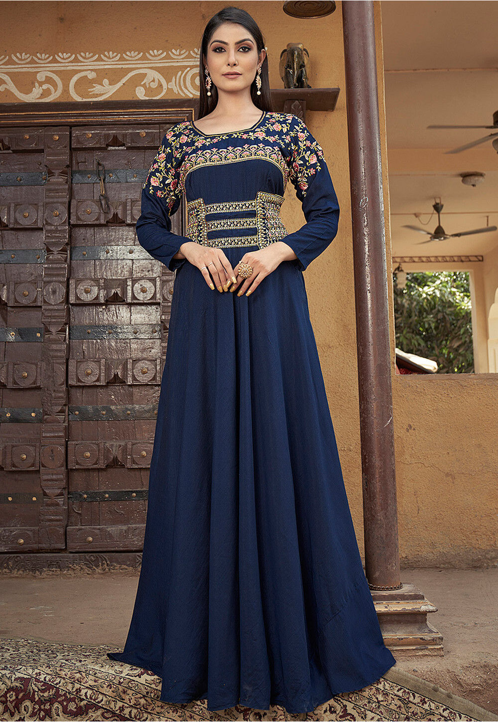 Buy Embroidered Art Muslin Silk Flared Gown in Navy Blue Online ...