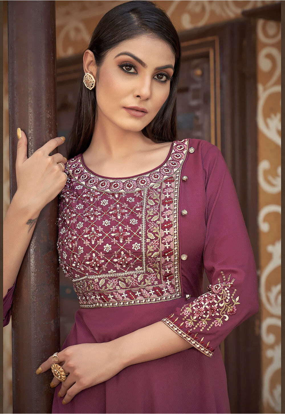 Buy Embroidered Art Muslin Silk Gown in Maroon Online : TPA2845 - Utsav ...