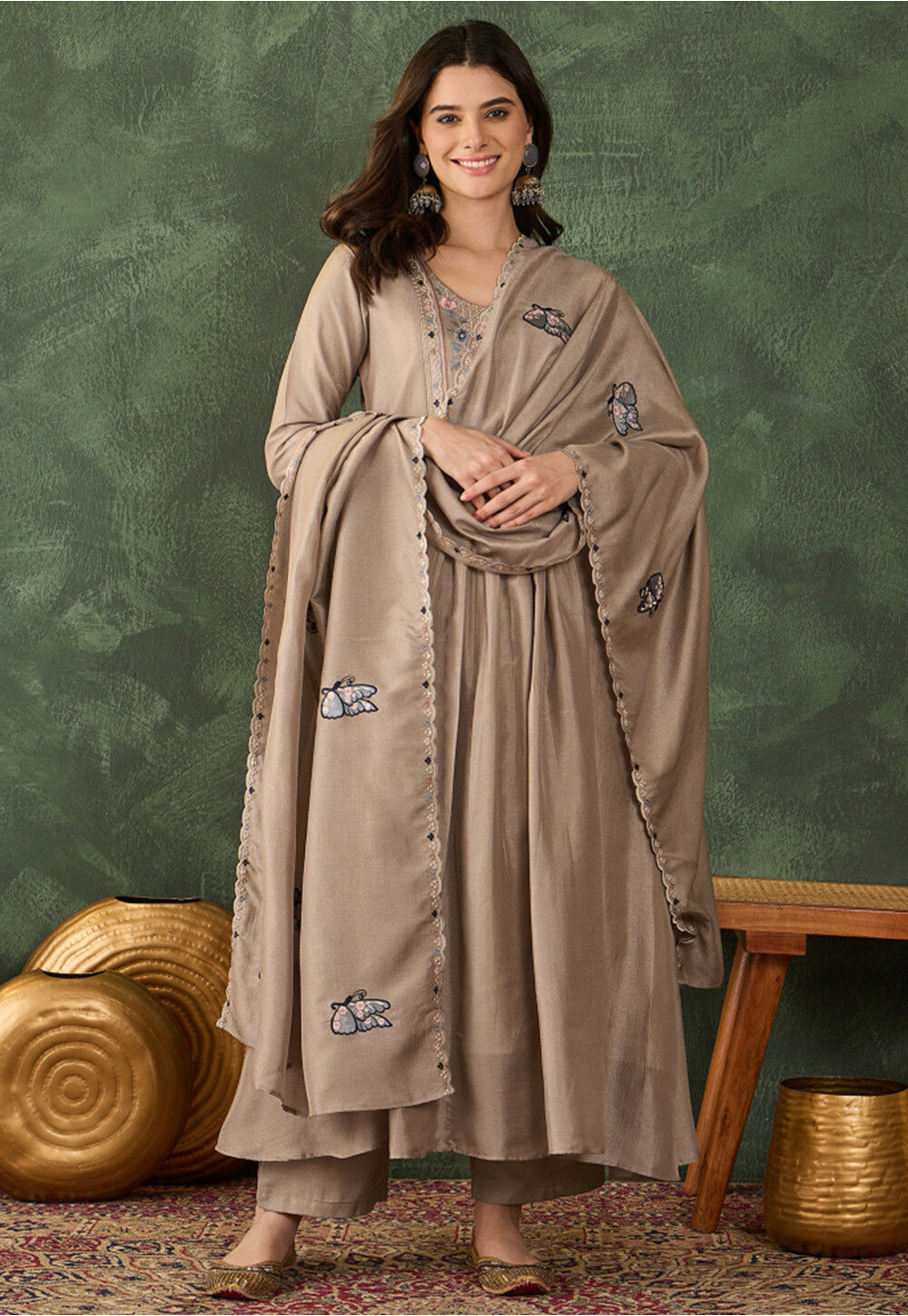 Buy Embroidered Art Silk A Line Suit in Fawn Online : KJC6559 - Utsav ...