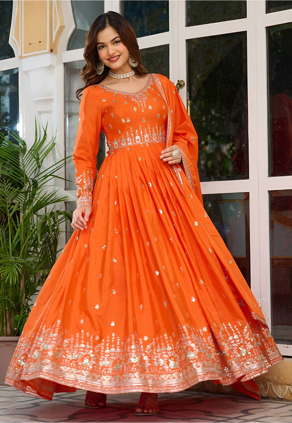 Buy Embroidered Art Silk Abaya Style Suit in Orange Online : KJFB135 ...