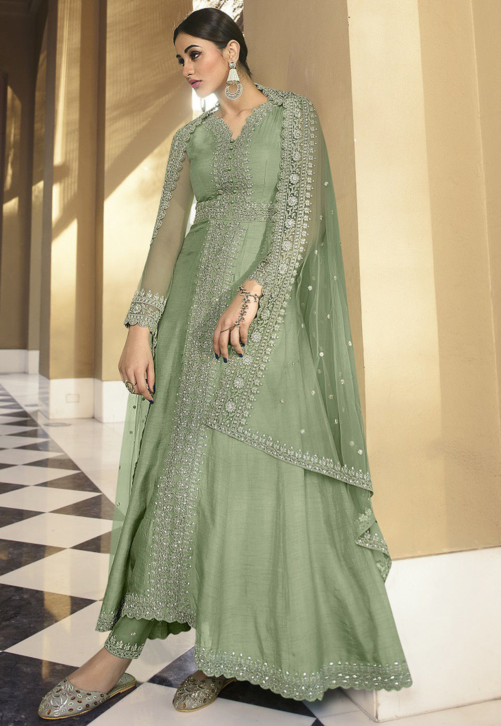 Embroidered Art Silk Abaya Style Suit in Pastel Green : KCH6688