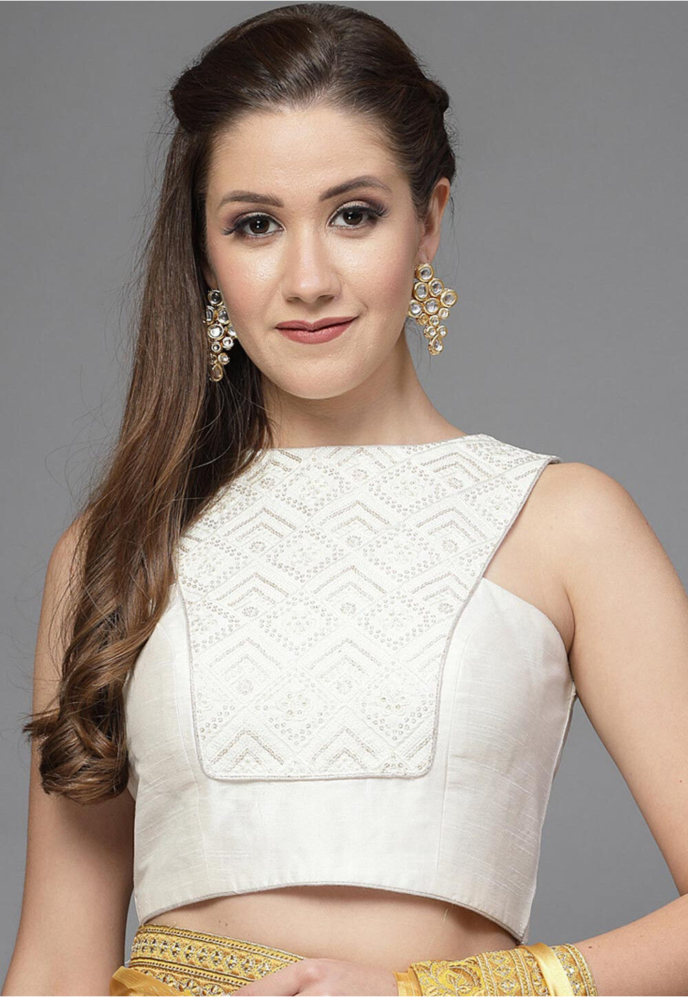 Embroidered Art Silk Blouse in Off White : UAC145