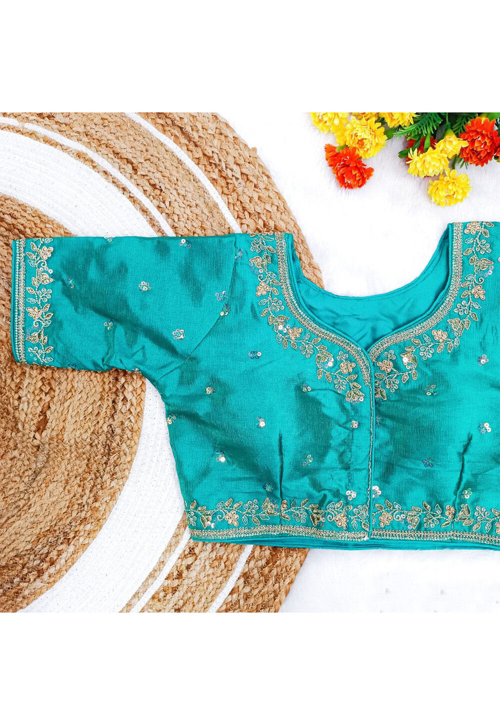 Buy Embroidered Art Silk Blouse in Turquoise Online : UXC1114 - Utsav ...