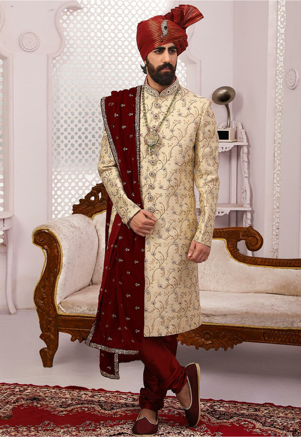 Buy Embroidered Art Silk Brocade Sherwani in Cream Online : MGV1415 ...
