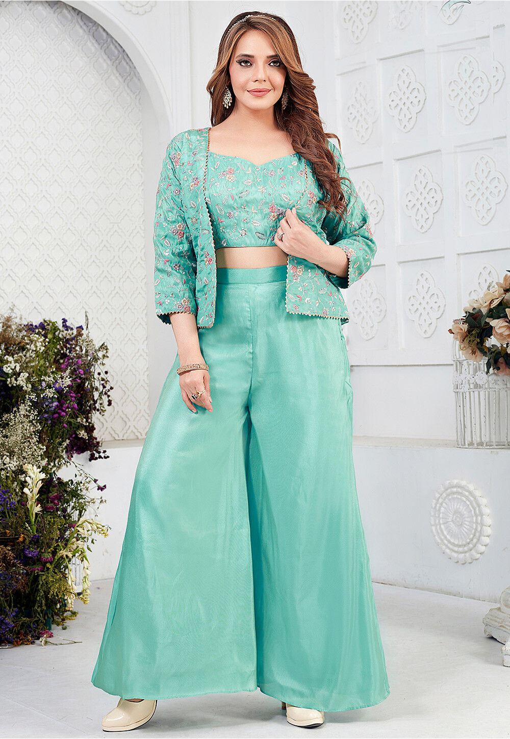 Buy Embroidered Art Silk Crop Top Set in Sea Green Online : TKL452 ...