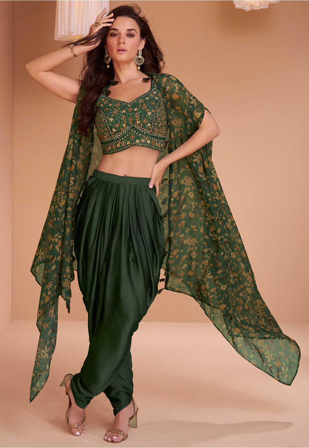 Buy Embroidered Art Silk Crop Top Set with Jacket in Dark Green Online ...