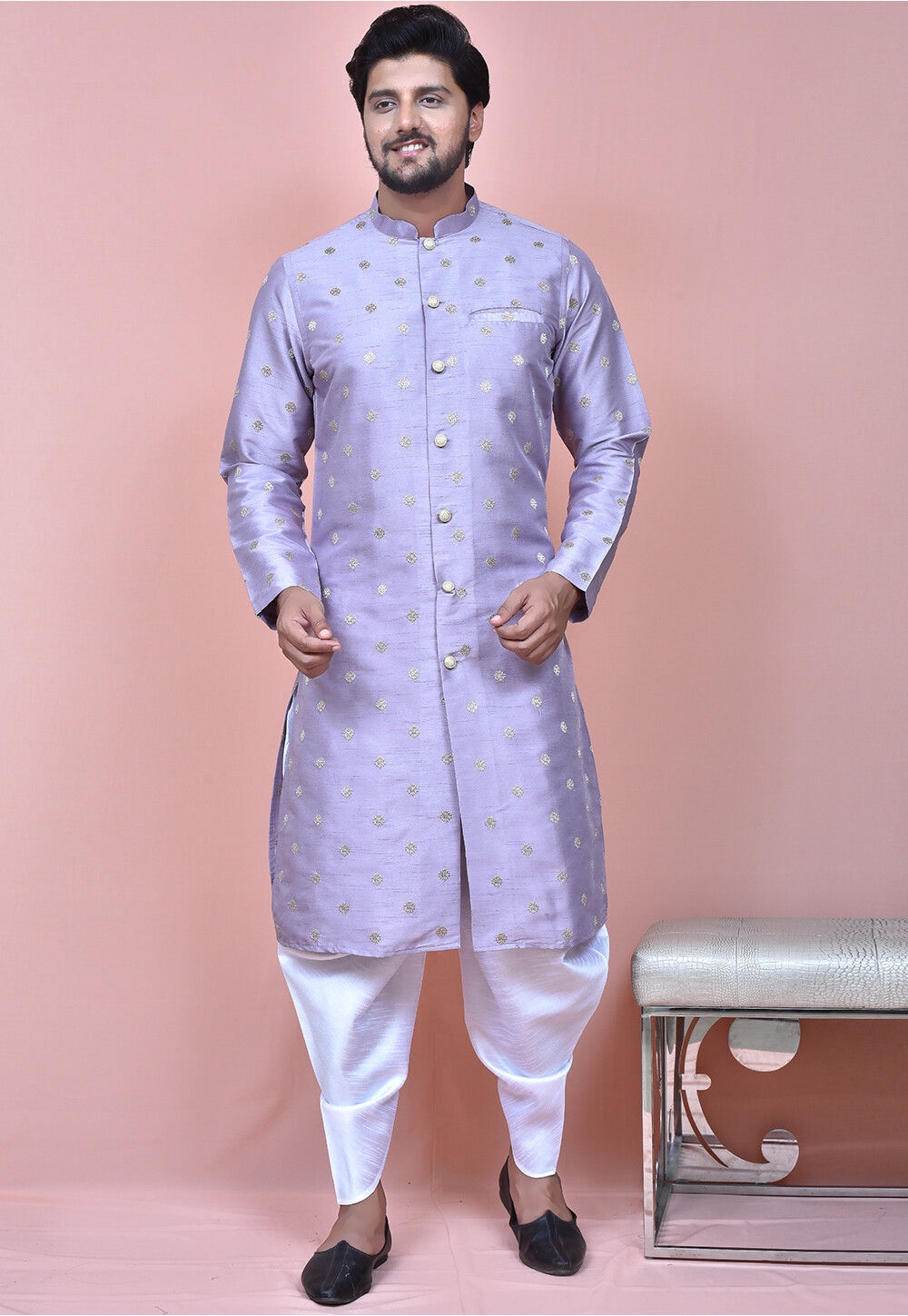 Embroidered Art Silk Dhoti Sherwani in Light Purple : MTX2746