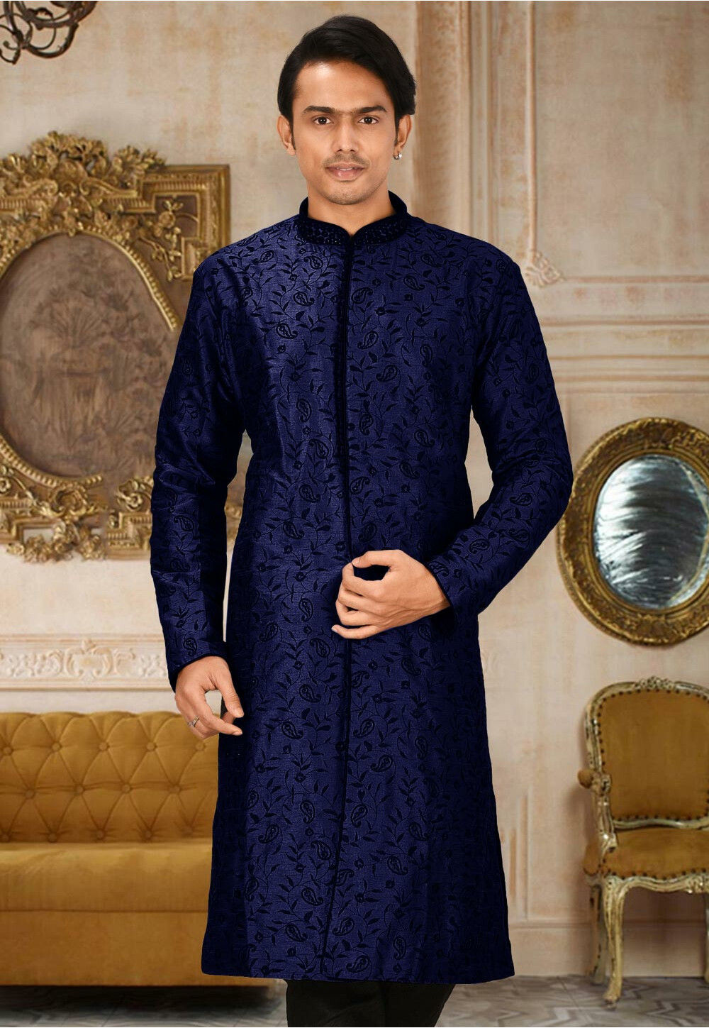Buy Embroidered Art Silk Front Open Kurta in Navy Blue Online : MLC818 ...