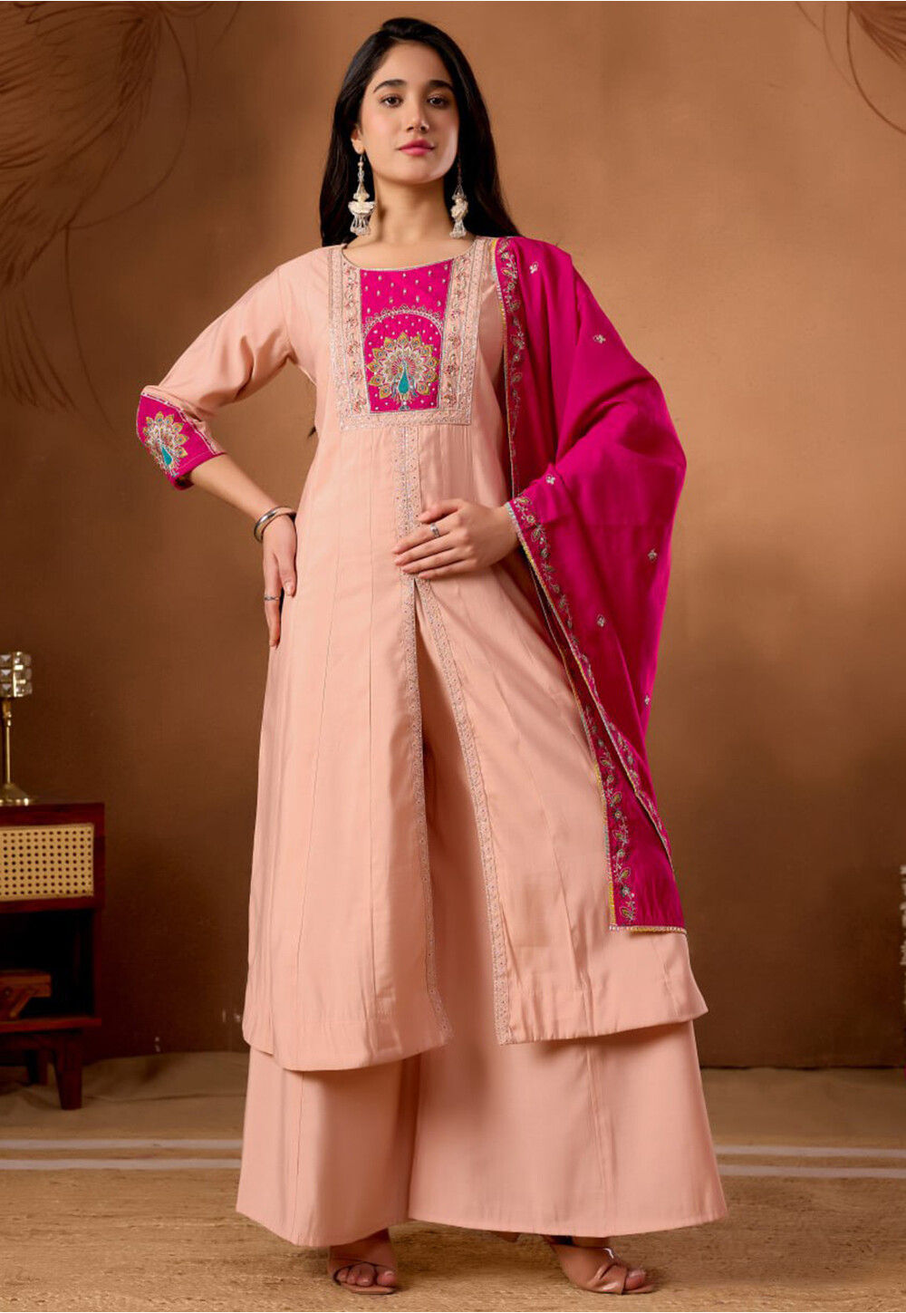 Buy Embroidered Art Silk Front Slit Anarkali Suit in Peach Online ...