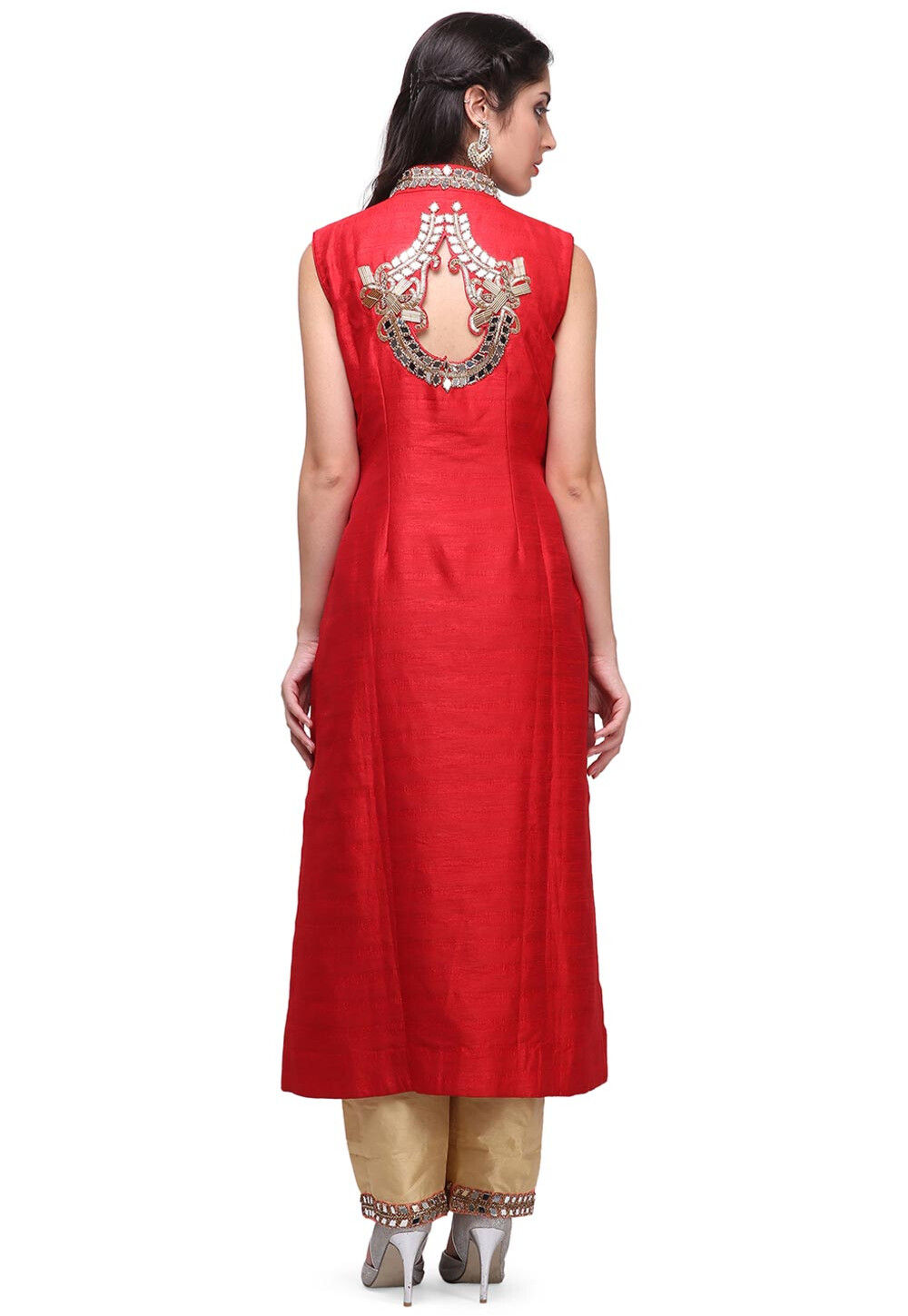 Buy Embroidered Art Silk Front Slit Pakistani Suit in Red Online ...