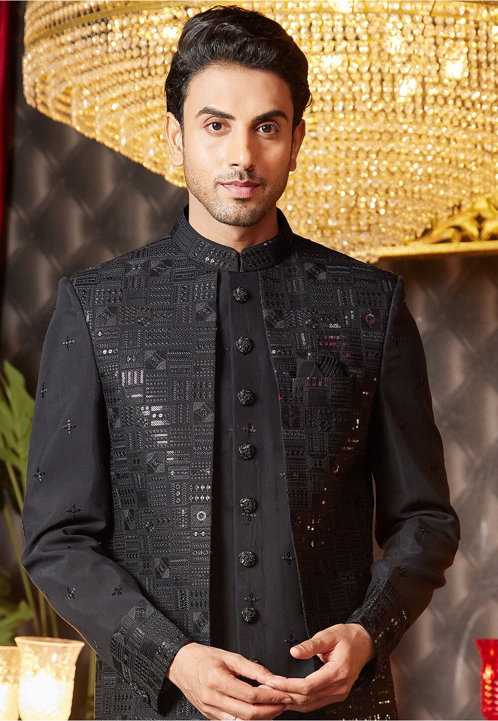 Buy Embroidered Art Silk Jacket Style Sherwani in Black Online ...