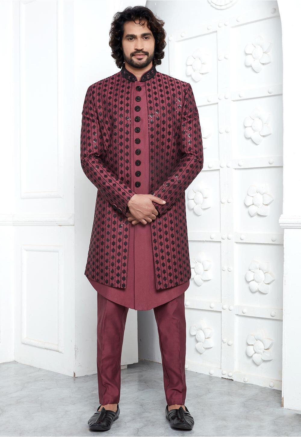 Buy Embroidered Art Silk Jacket Style Sherwani in Dark Old Rose Online ...