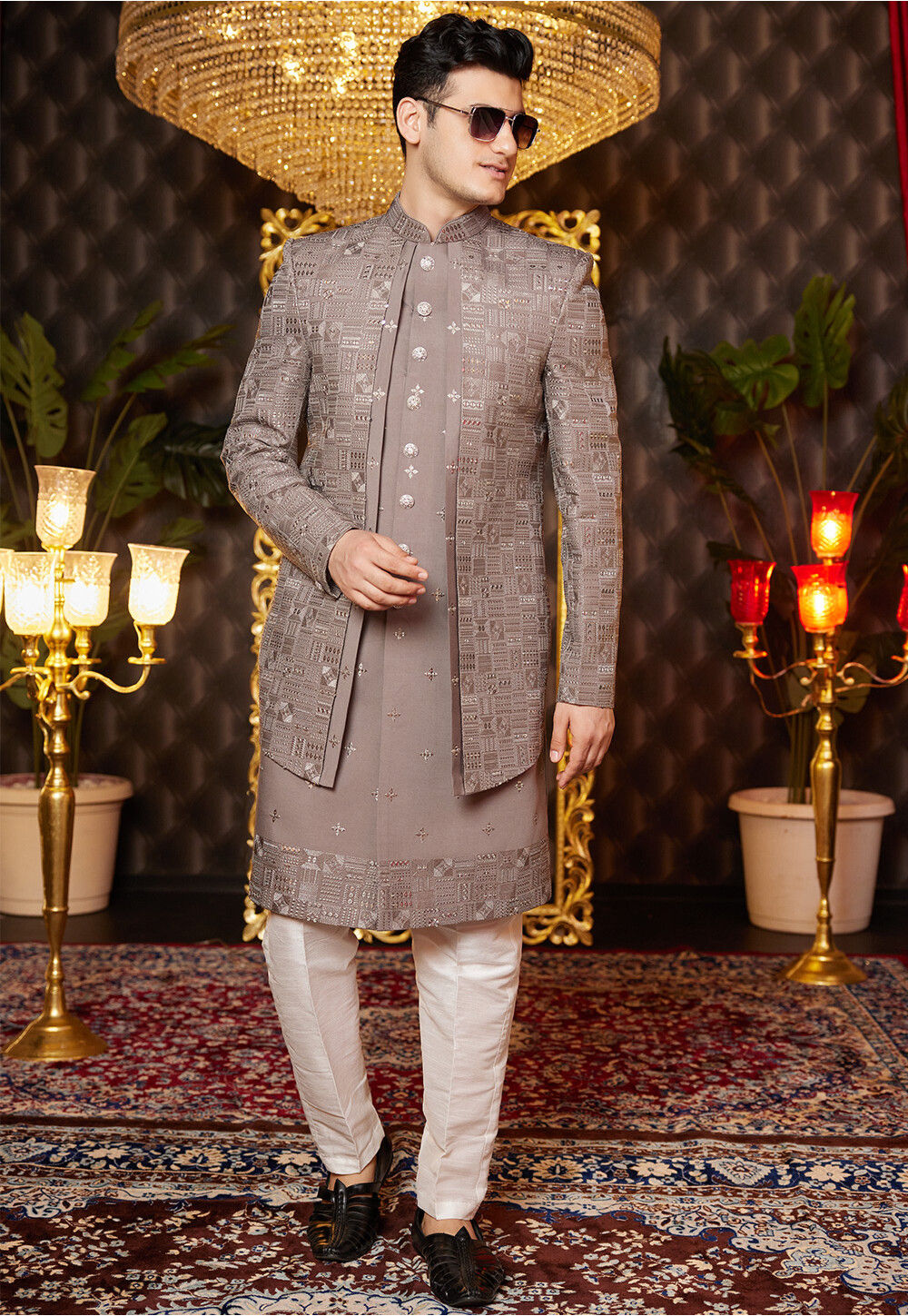 Buy Embroidered Art Silk Jacket Style Sherwani in Fawn Online : MLY2485 ...