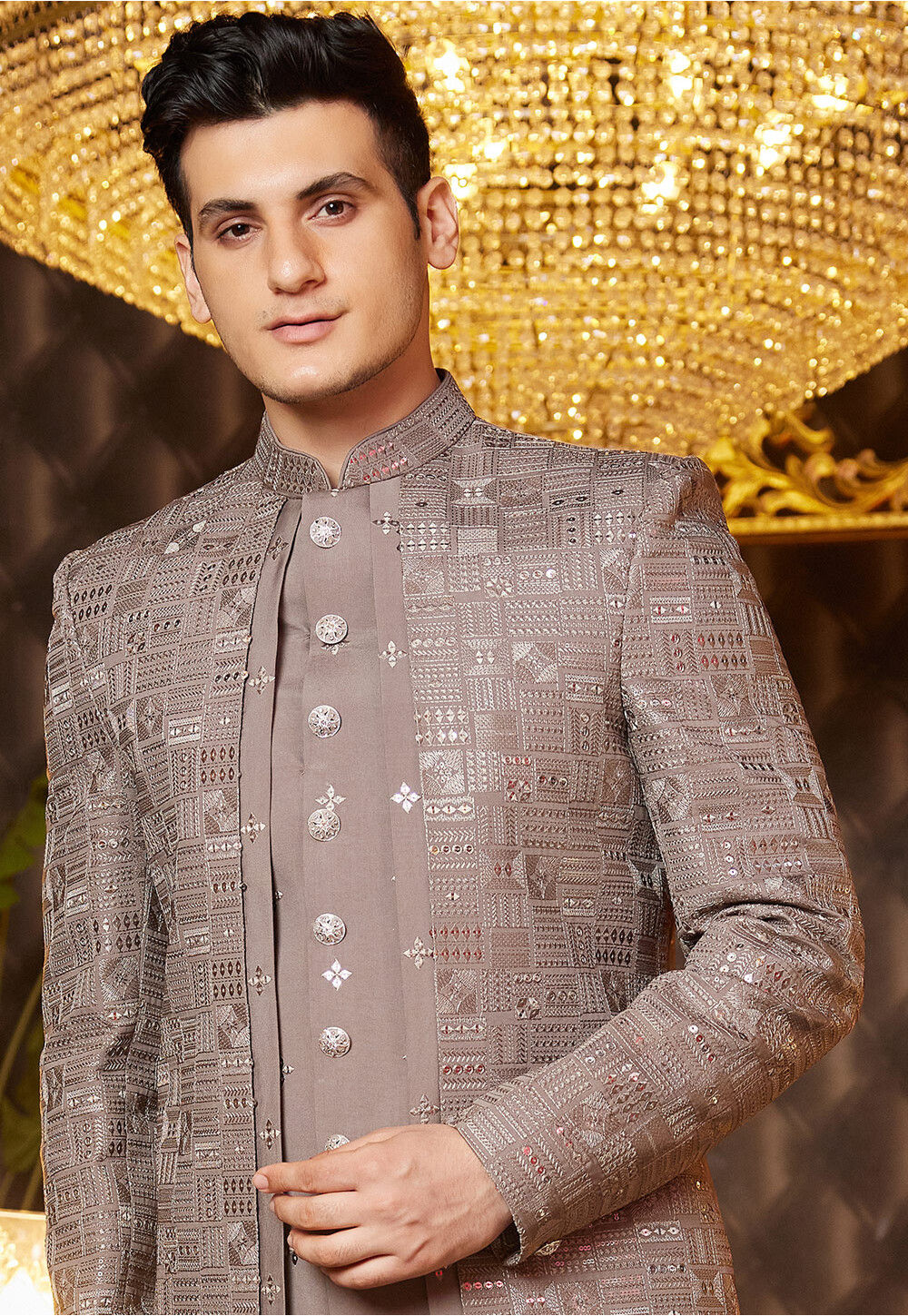 Buy Embroidered Art Silk Jacket Style Sherwani in Fawn Online : MLY2485 ...