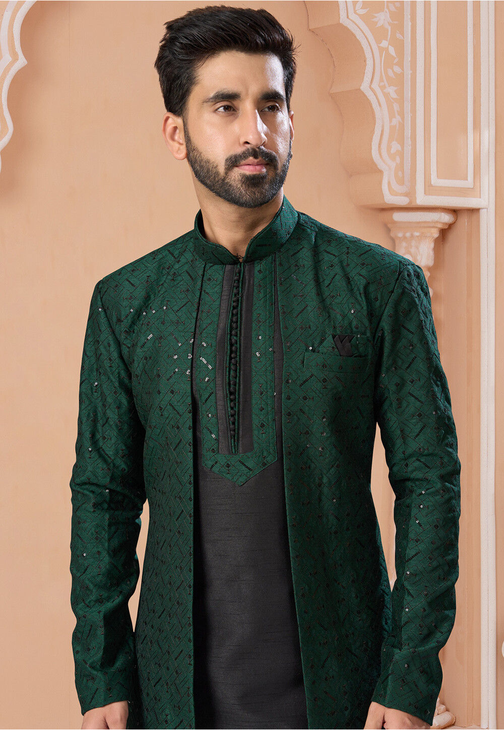 Buy Embroidered Art Silk Jacket Style Sherwani in Green and Black ...