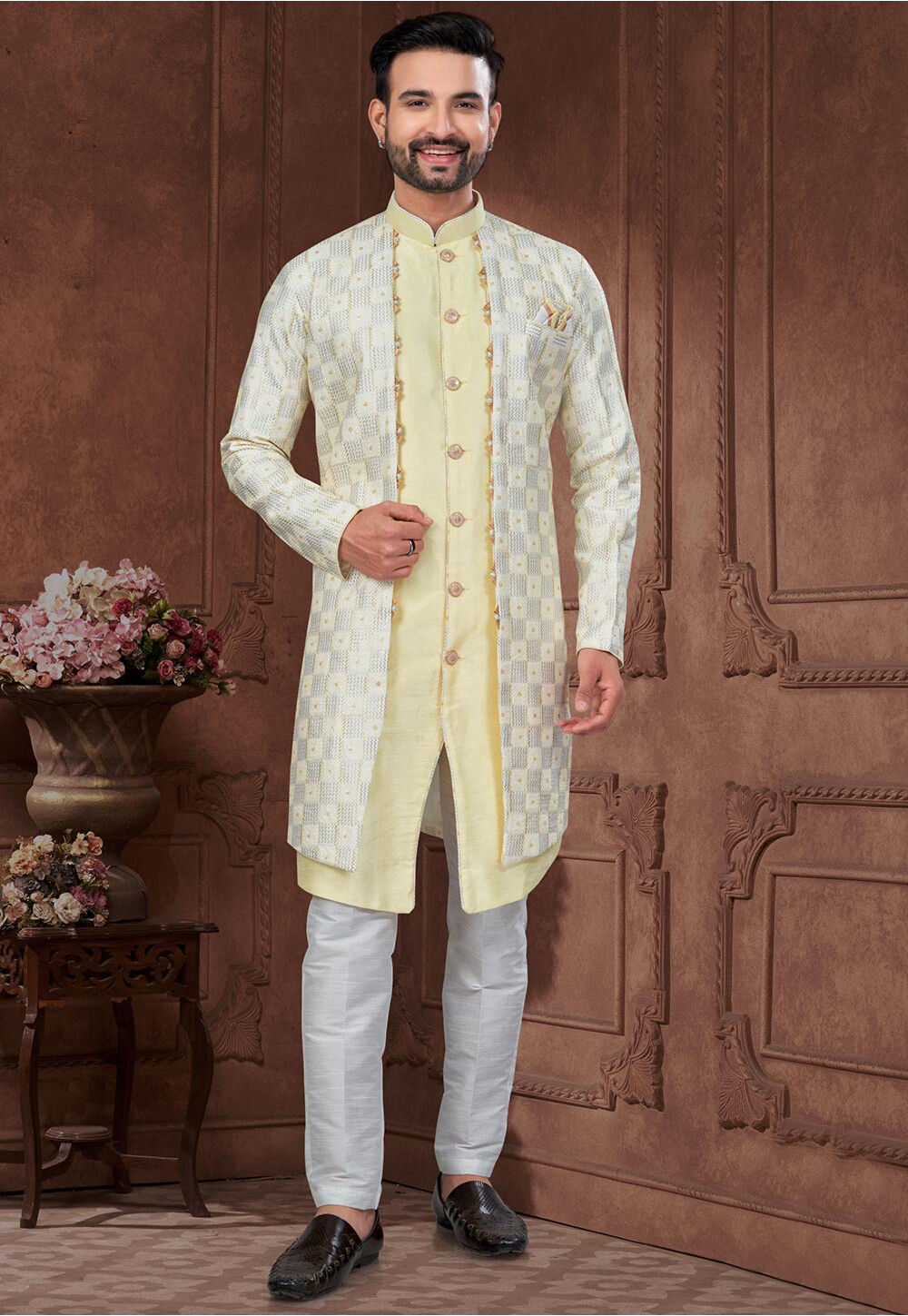 Buy Embroidered Art Silk Jacket Style Sherwani in Light Yellow and ...