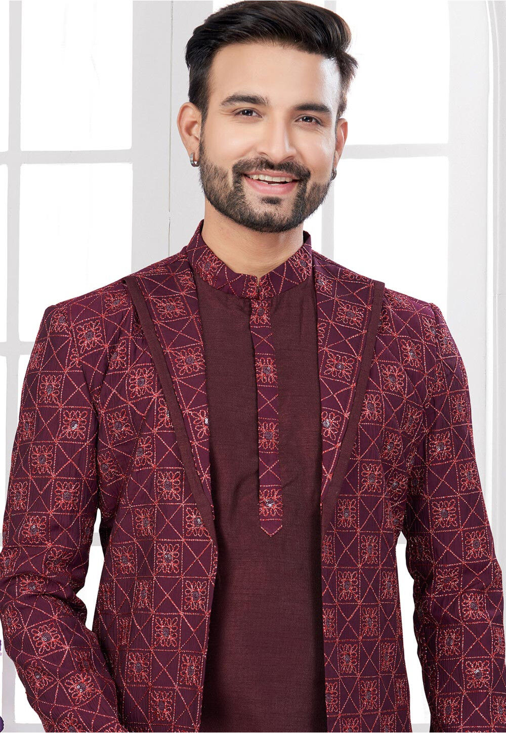 Buy Embroidered Art Silk Jacket Style Sherwani in Maroon Online ...