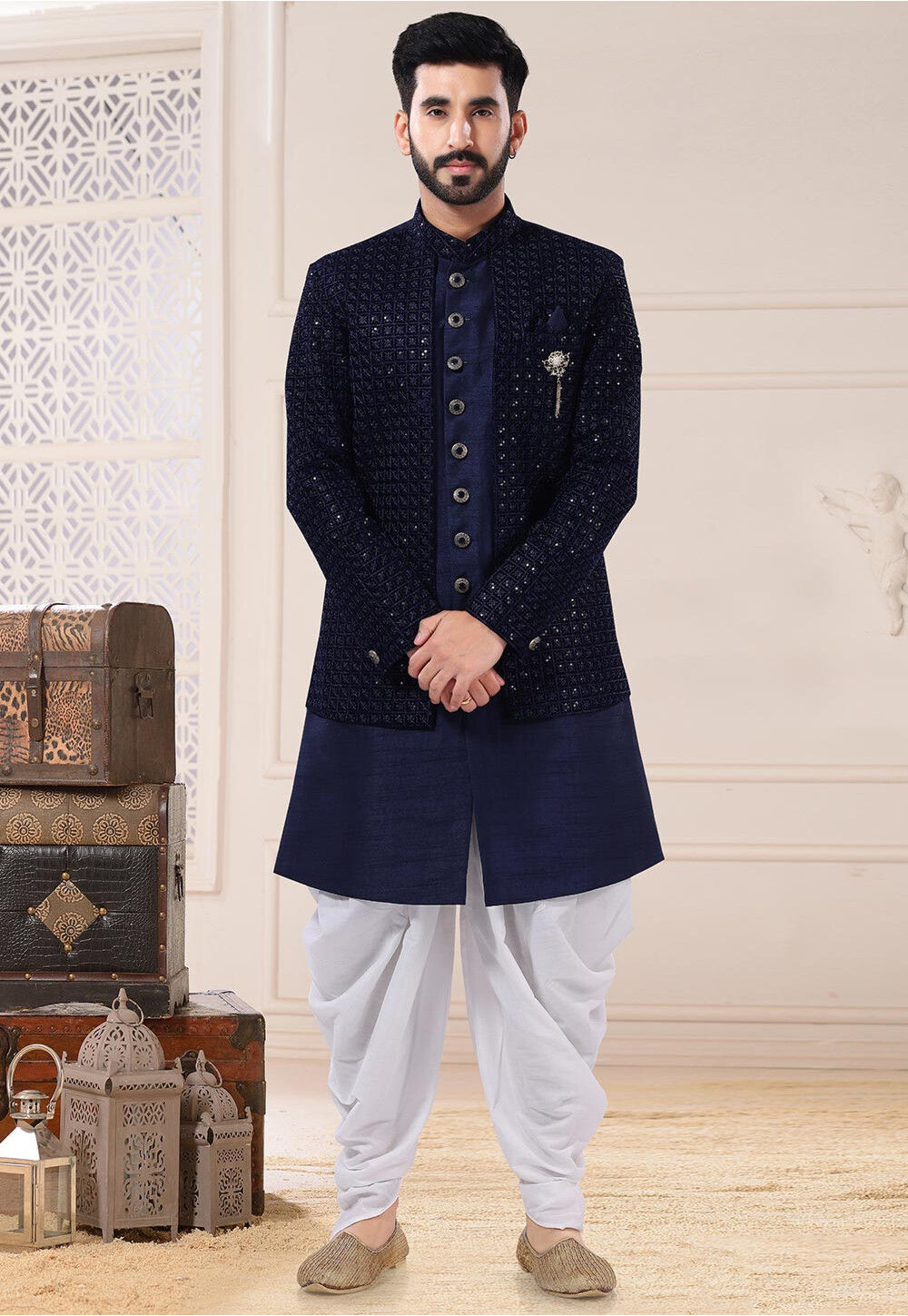 Buy Embroidered Art Silk Jacket Style Sherwani in Navy Blue Online ...
