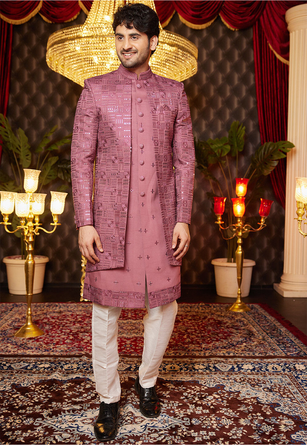 Buy Embroidered Art Silk Jacket Style Sherwani in Pink Online : MLY2486 ...