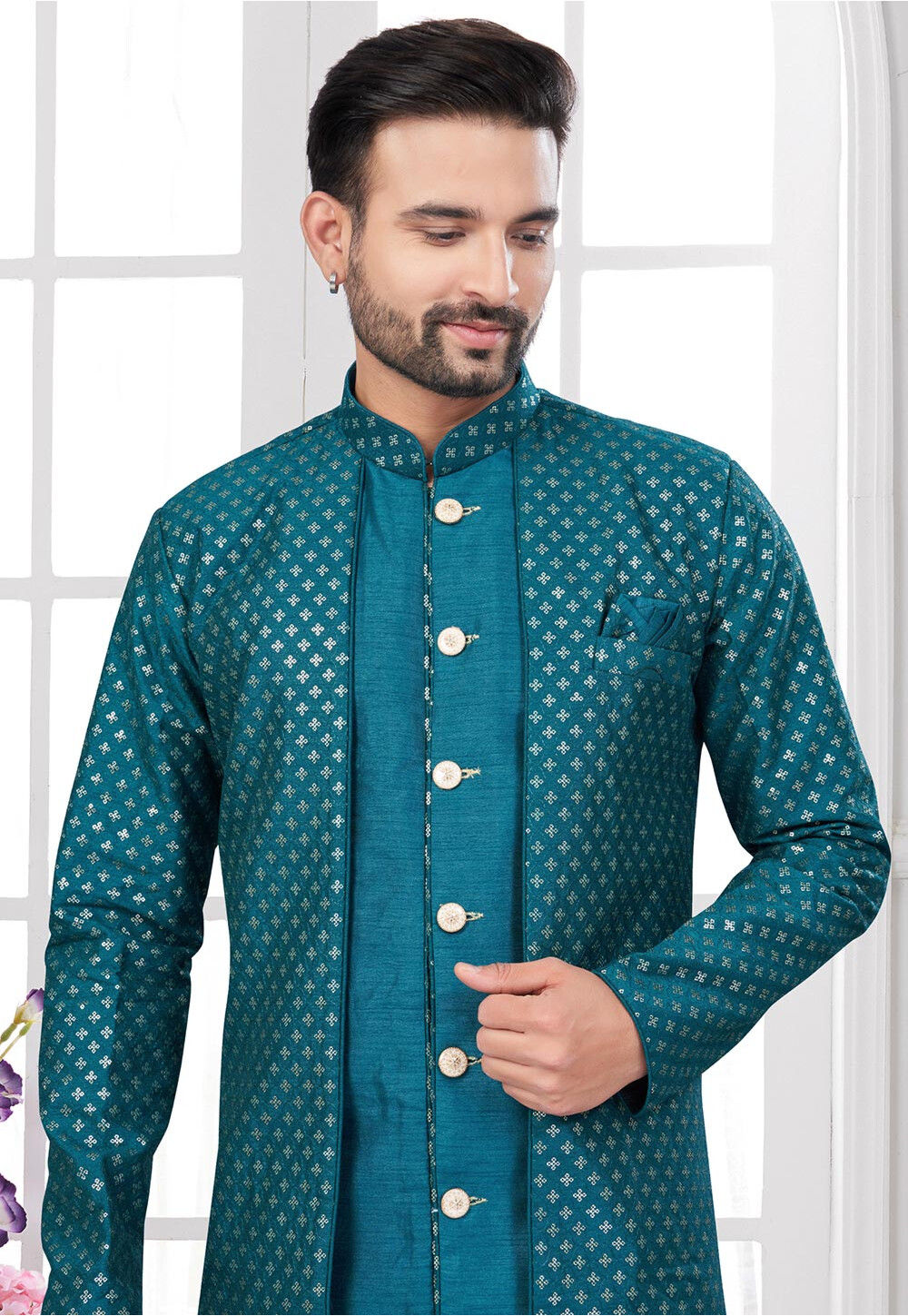 Buy Embroidered Art Silk Jacket Style Sherwani in Teal Blue Online ...