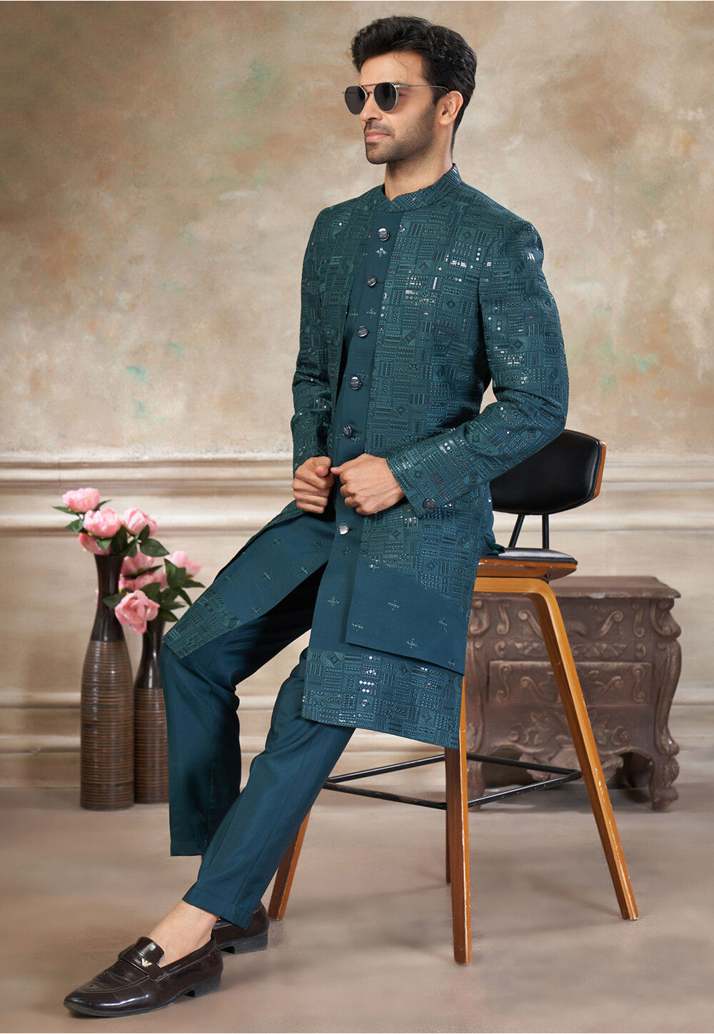 Buy Embroidered Art Silk Jacket Style Sherwani in Teal Green Online ...