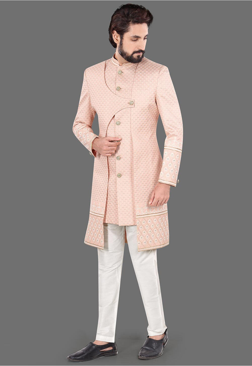 Buy Embroidered Art Silk Jacquard Jacket Style Sherwani in Peach Online ...