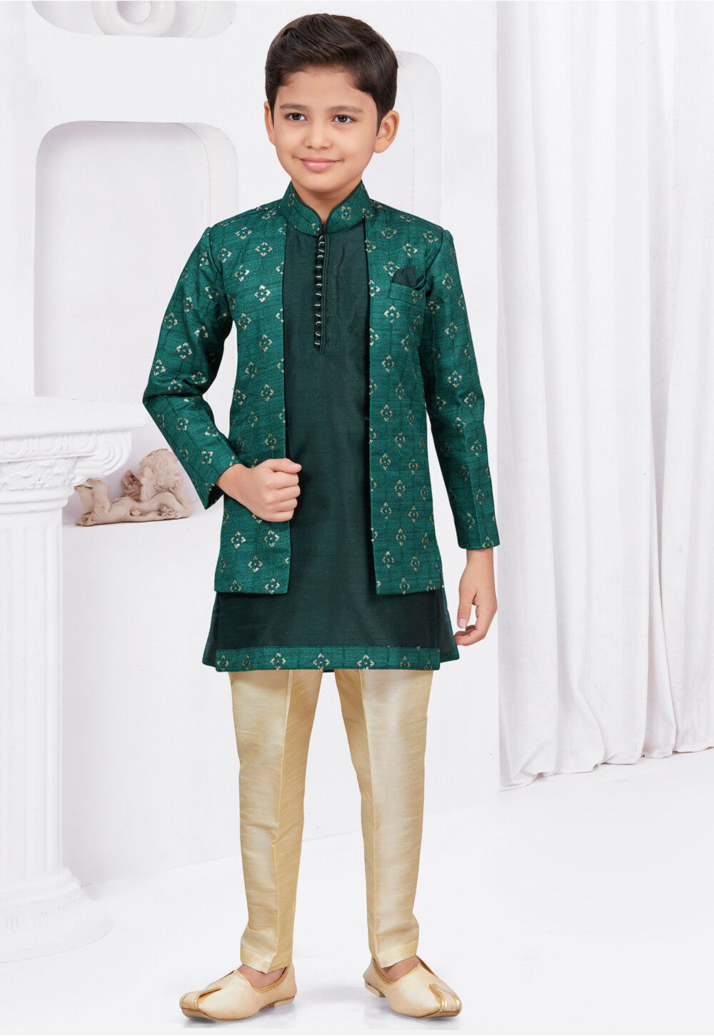 Buy Embroidered Art Silk Jacquard Layered Sherwani in Green Online ...