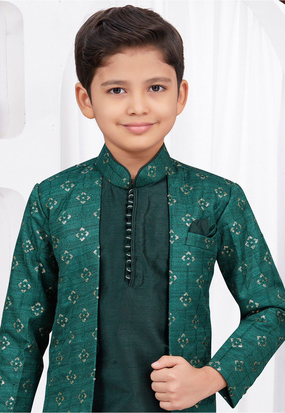 Buy Embroidered Art Silk Jacquard Layered Sherwani in Green Online ...